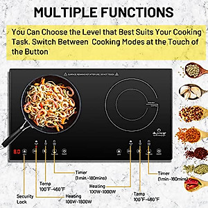 Duxtop Built in Induction Cooktop 2 Burner, 1800W Double Induction Burner with Temperature Control, Sensor Touch Electric Countertop Burner with Timer and Safety Lock, Easy to Clean, BT-K35