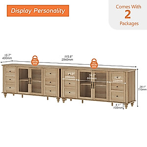 WAMPAT 2 in 1 Glass Door Farmhouse TV Stand for TVs Up to 110 inch, Wood Universal TV Console Table with Storage Cabinets, Entertainment Center for 32-110 inch TV Console Cabinet, 116'', Oak