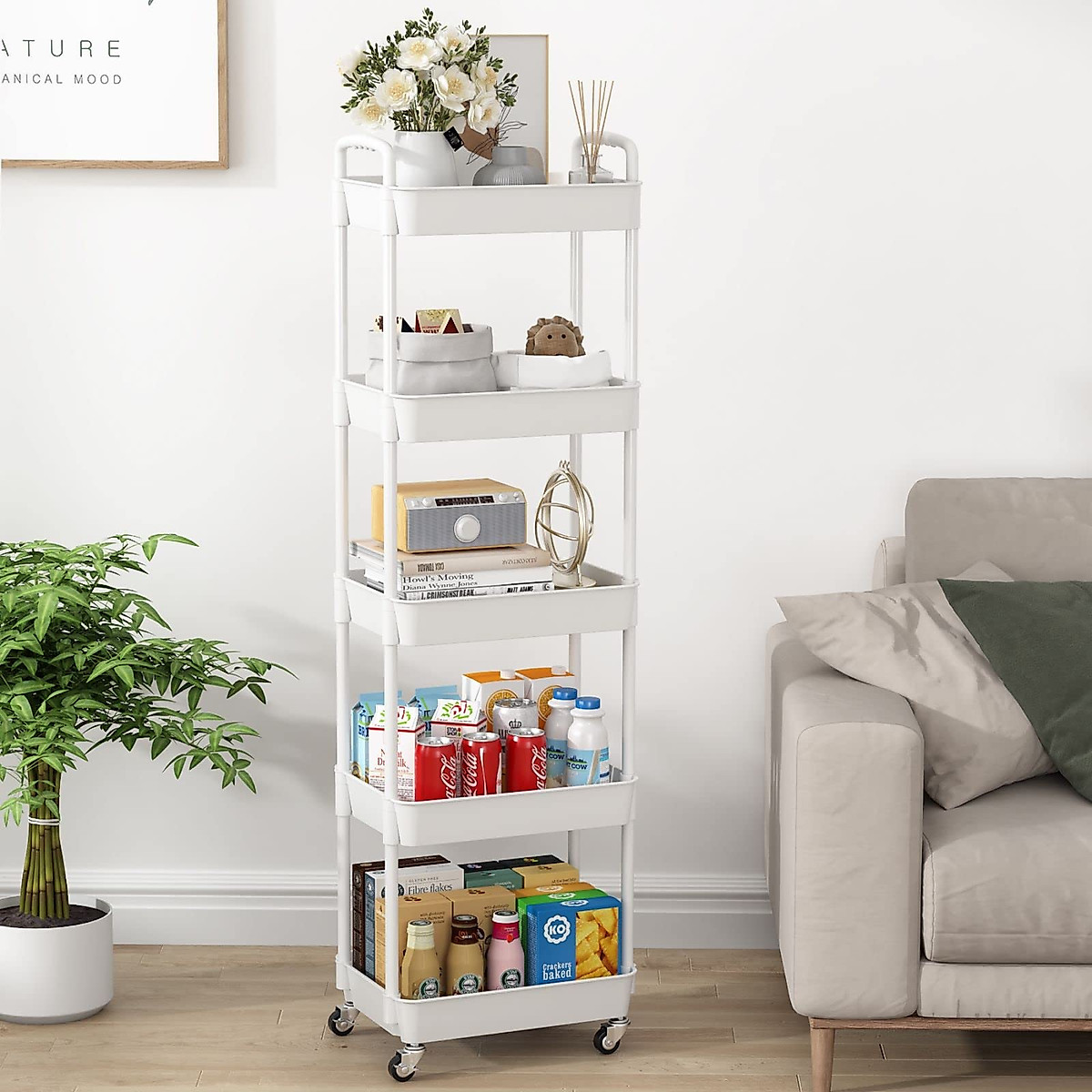 JIUYOTREE 5-Tier Rolling Storage Cart Utility Cart with Lockable Wheels for Living Room Bathroom Kitchen Office White