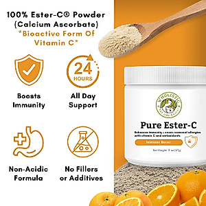 Wholistic Pet Organics Pure Ester-C Powder for Dogs & Cats - 2 Oz - Vitamin C Supplement for Immune Support, Skin & Coat Health, & Allergy Relief - Dog Vitamin Powder for Itchy Skin & Homemade Food