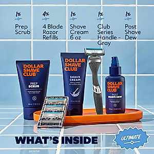 Dollar Shave Club | Ultimate Shave Set | 4 Extra Close Refill Cartridges, 1 Handle, 1 Prep Scrub 3 ounce, 1 Shave Cream 6 ounce, 1 Post Shave Dew 3.4 ounce