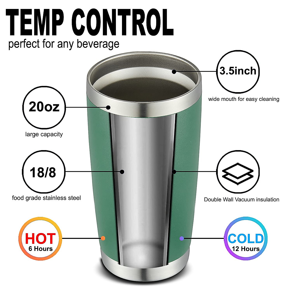 COMOOO 20oz Double Wall Vacuum Insulated Travel Mug, Stainless Steel Tumbler with Lid and Straw Durable Powder Coated Insulated Coffee Cup for Cold & Hot Drinks（Dark Green, 1 Pack）