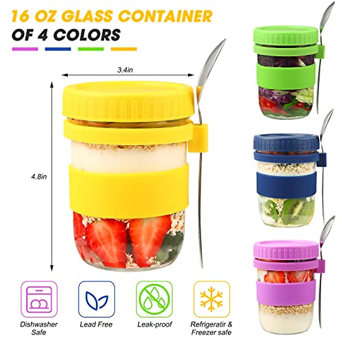 Koncifun 4 Pack Overnight Oats Containers with Lids and Spoons 16oz Glass Mason Overnight Oats Jars, Food Storage Jars Containers for Milk, Cereal, Fruit, Vegetable Salad