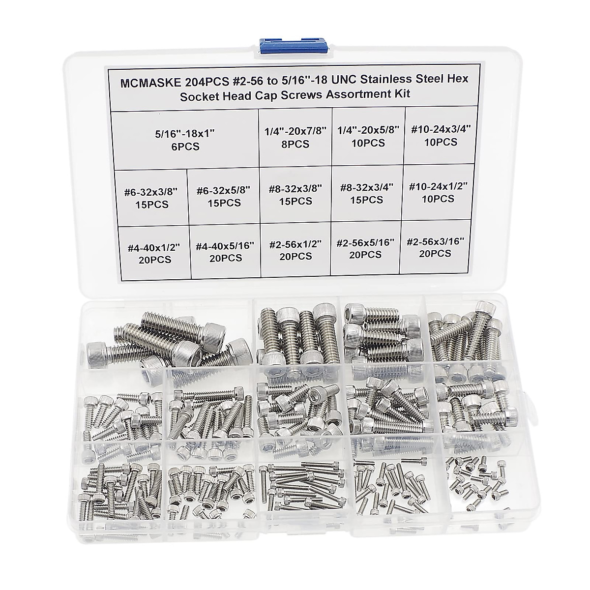 MCMASKE #2-56#4-40#6-32#8-32#10-24 1/4"-20 5/16"-18 UNC 304 Stainless Steel Socket Head Cap Screws Assortment Kit