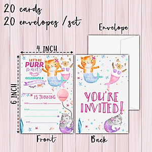 Cat Mermaid Birthday Invitations, Purrmaid Birthday Party Invitation Card, Kitten Birthday Party Favors & Celebration Supplies(20 Set of Invitations with Envelopes)-B11