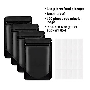 100 Pcs Mylar Bags 4x6 Resealable Mylar Food Storage Bags With LABELS Mylar Ziplock Bags Smell Proof Bags resealable bags for small business Air Tight Herb and Food Storage Food and Lip Gloss, Jewelry, Eyelash Packaging Self Sealing Storage Supplies (Matt