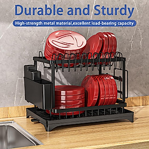 Stoigeld 2-Tier Dish Drying Rack with Utensil Holder,Stainless Steel Dish Rack with Drainboard for Kitchen Counter,Kitchen Organizers and Storage Rack (Black)