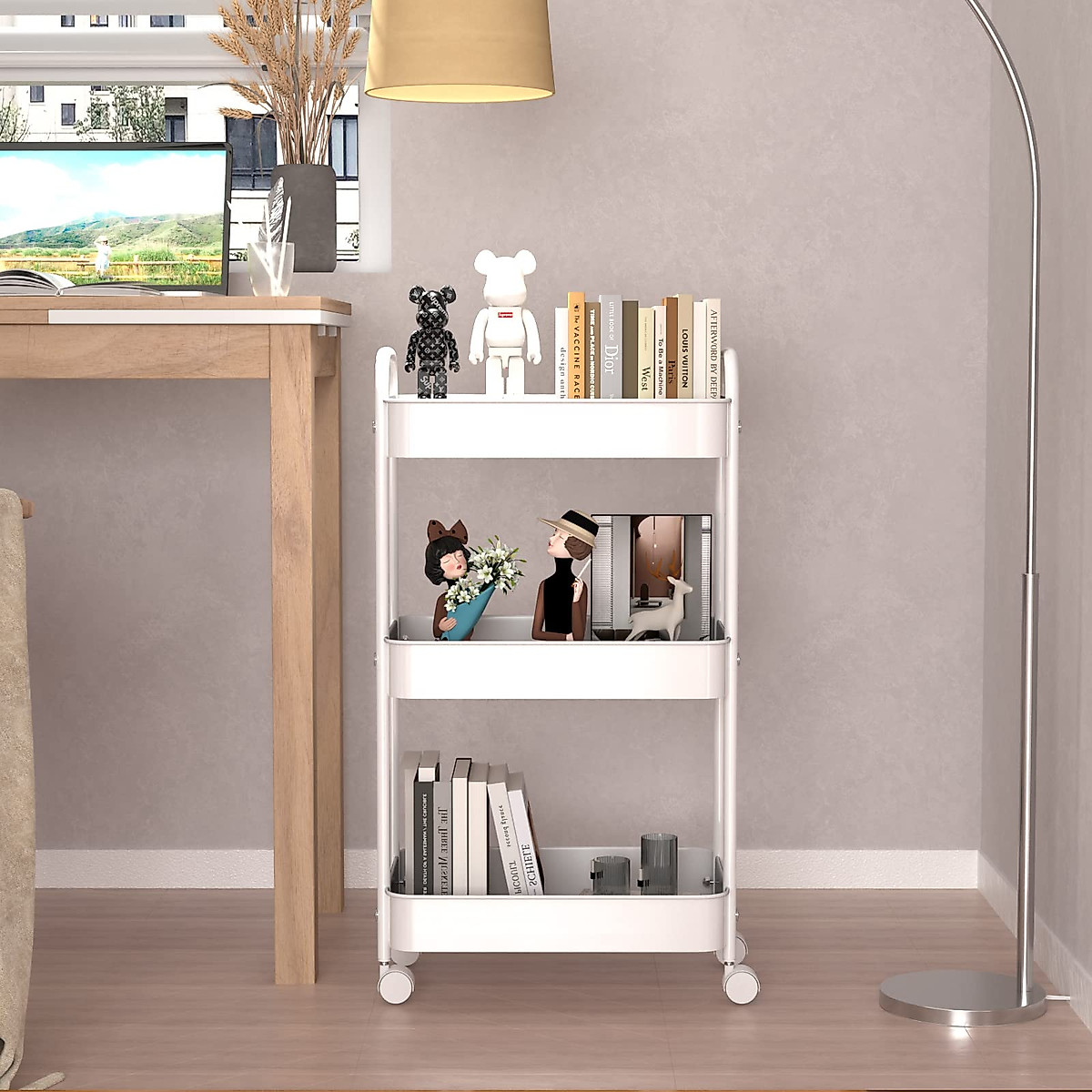 3 Tier Metal Rolling Utility Cart with Caster Wheels, Rolling Storage Cart Organizer Craft Cart with Handle Kitchen Cart for Bathroom Shelves Laundry Office Balcony Living Room Organization White