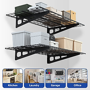 WORKPRO 2-Pack 2x4FT Garage Wall Shelving, 48” x 24” Heavy Duty Wall Mounted Shelving, 400lbs Load Capacity (Total), Metal Wall Shelves Suitable for Shop, Shed, Garage Storage, Black, 1 Sets
