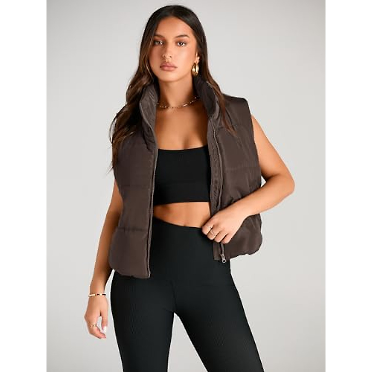 AUTOMET Puffer Vest Women Sleeveless Winter Cropped Outerwear Warm Puffer Lightweight Stand-up Collar Down with Pockets Coffee M