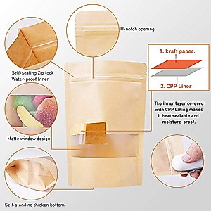 LZLPACKING Kraft Stand Up Pouches bags 100 Pcs,Brown Resealable Bags with Window for Home or Business,Coffee Bags,Zip Lock Food Storage Bags,Sealable Bags for Packaging(3.9×5.9)