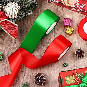 2 Rolls Christmas Ribbon 1 Inch X 50 Yards Red and Green Satin Ribbon Double Faced Polyester Holiday Ribbons for Gift Wrapping Wedding Decor