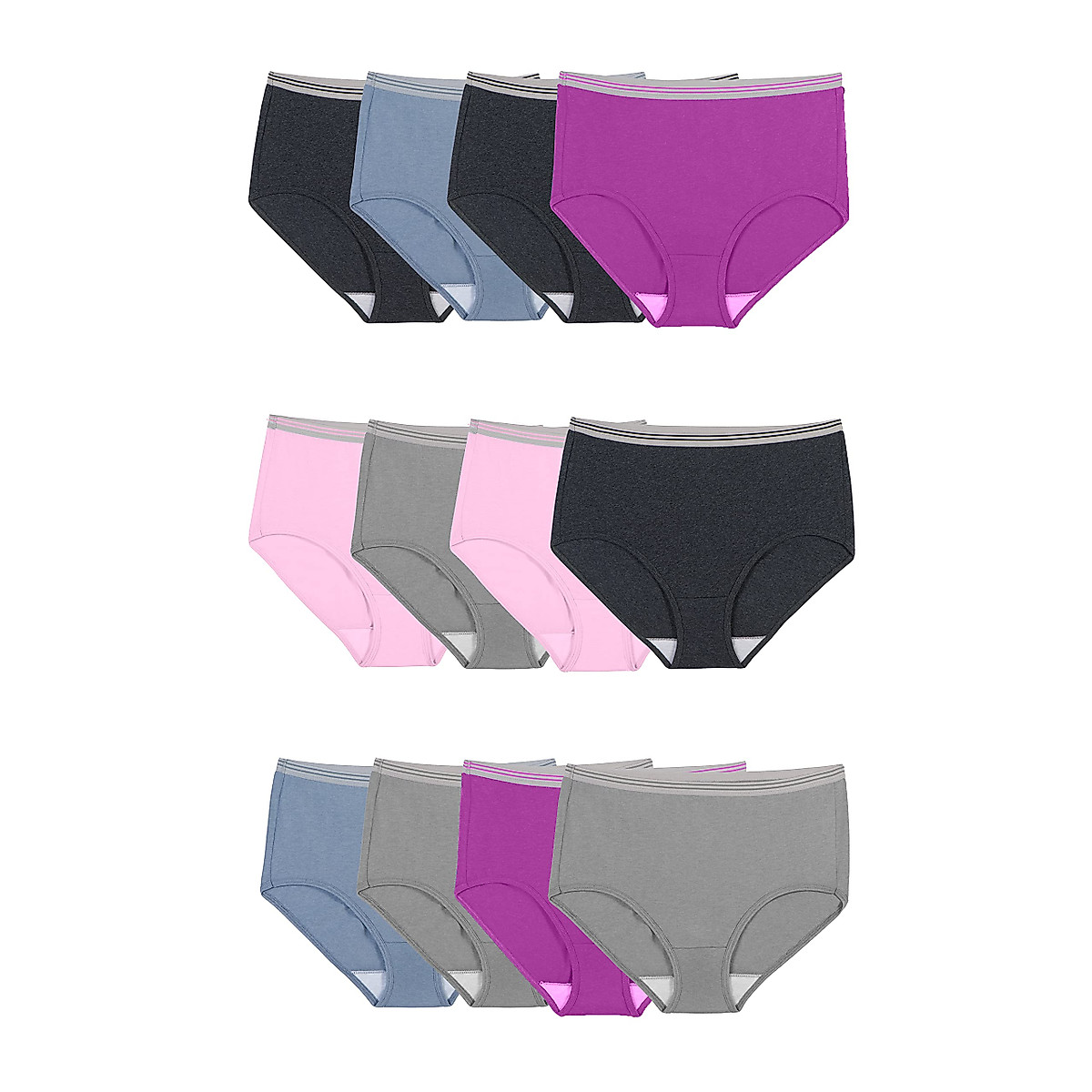 Fruit of the Loom Women's Eversoft Cotton Brief Underwear, Tag Free & Breathable, Available in Plus Size, Brief - Cotton Blend - 12 Pack - Grey/Pink/Blue, 7