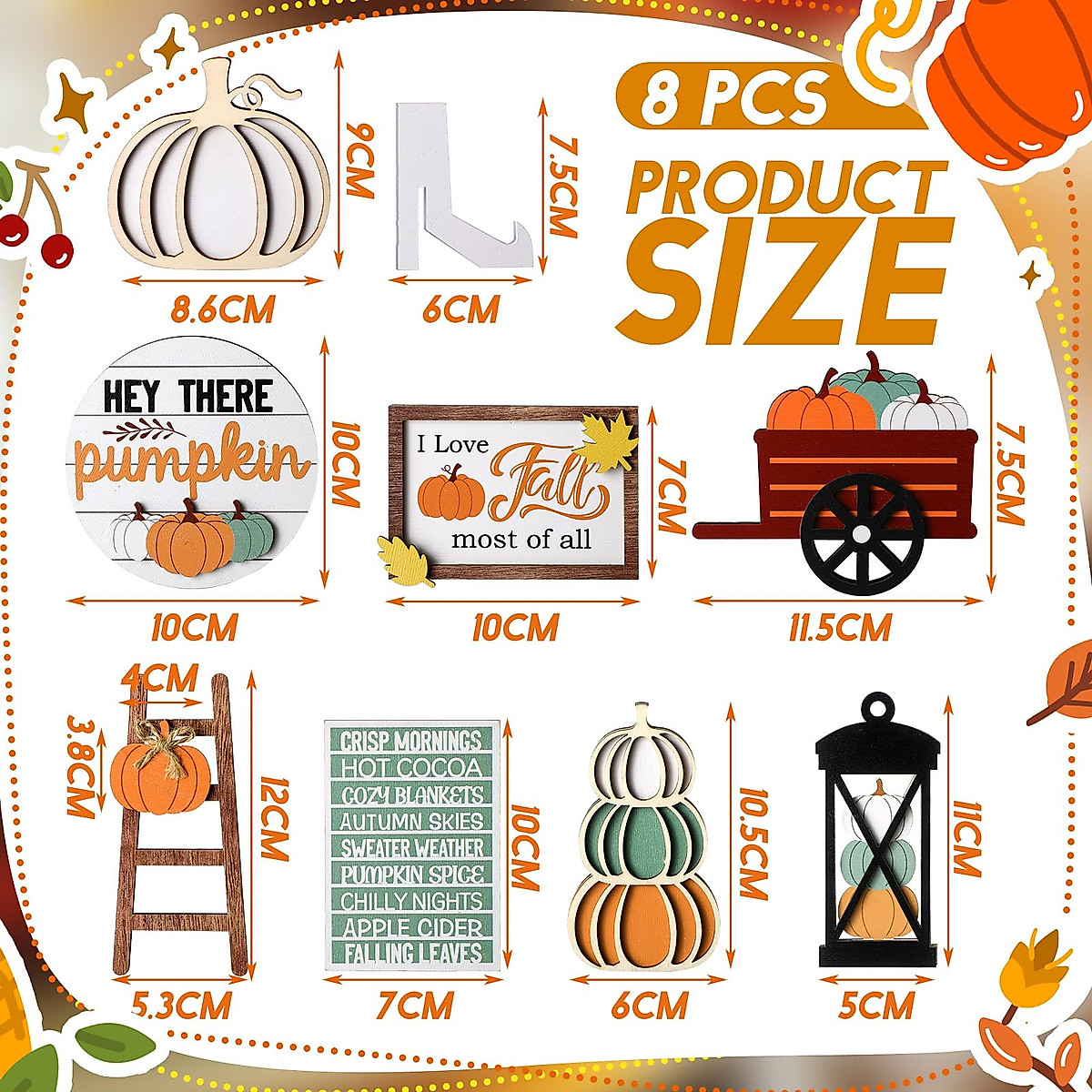 Thyle 8 Pack Fall Tiered Tray Decor Set Autumn Pumpkins Rustic Farmhouse Decor Wooden Blue Pumpkin Tabletop Signs Thanksgiving Tiered Tray Decor for Home Thanksgiving Autumn