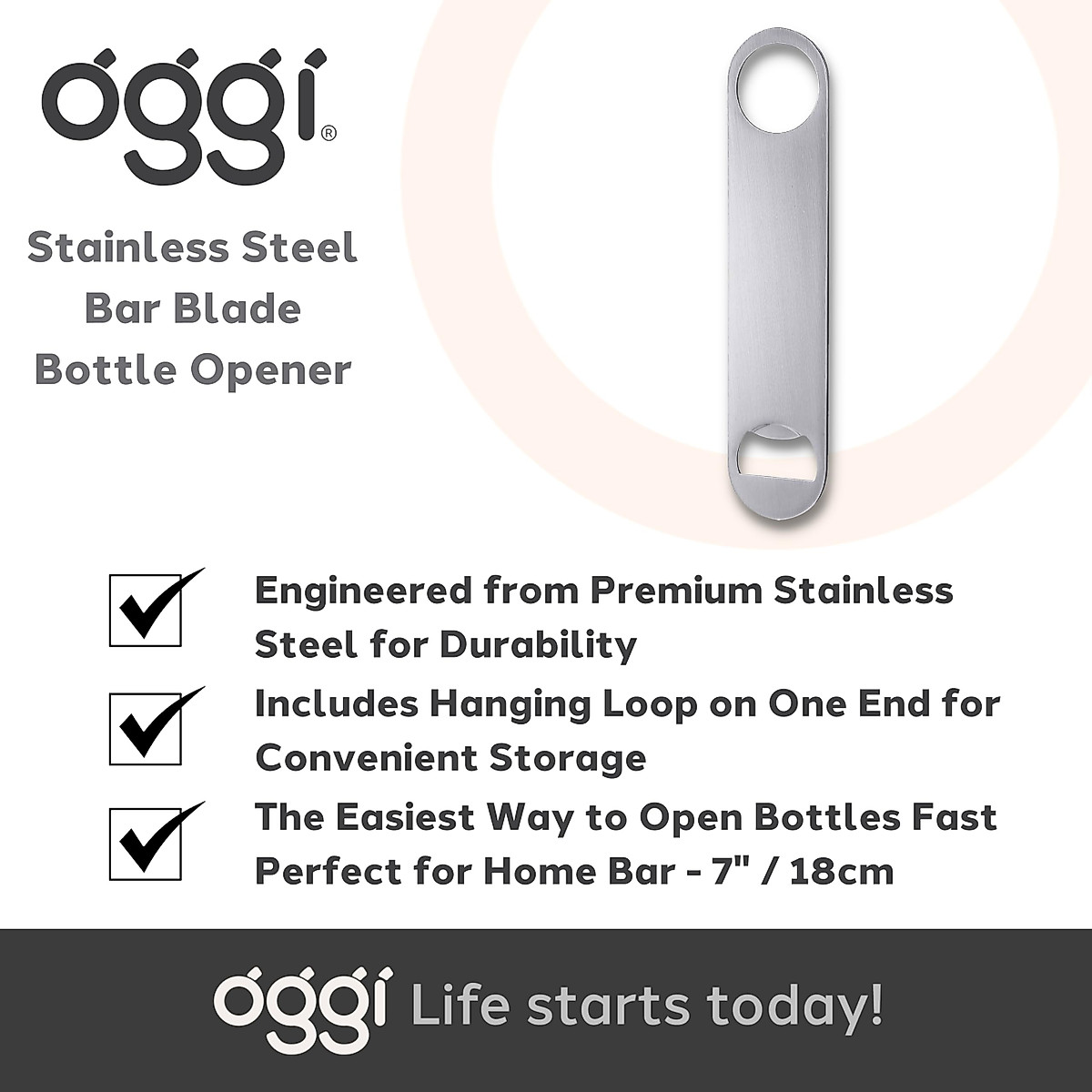 OGGI Bar Blade Bottle Opener Stainless Steel, Bartender Bottle Opener, Solid Bottle Cap Opener, Heavy Duty Beer Opener, 7" / 18cm