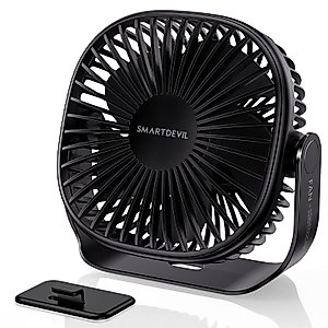 SMARTDEVIL Small Rechargeable Desk Fan, 3 Speeds 2000mAh Portable Personal Battery Operated Desktop Fan with Pasteable Hook, Dual 360° Adjustment Quiet Table Fan, for Home Office Outdoor (Black)