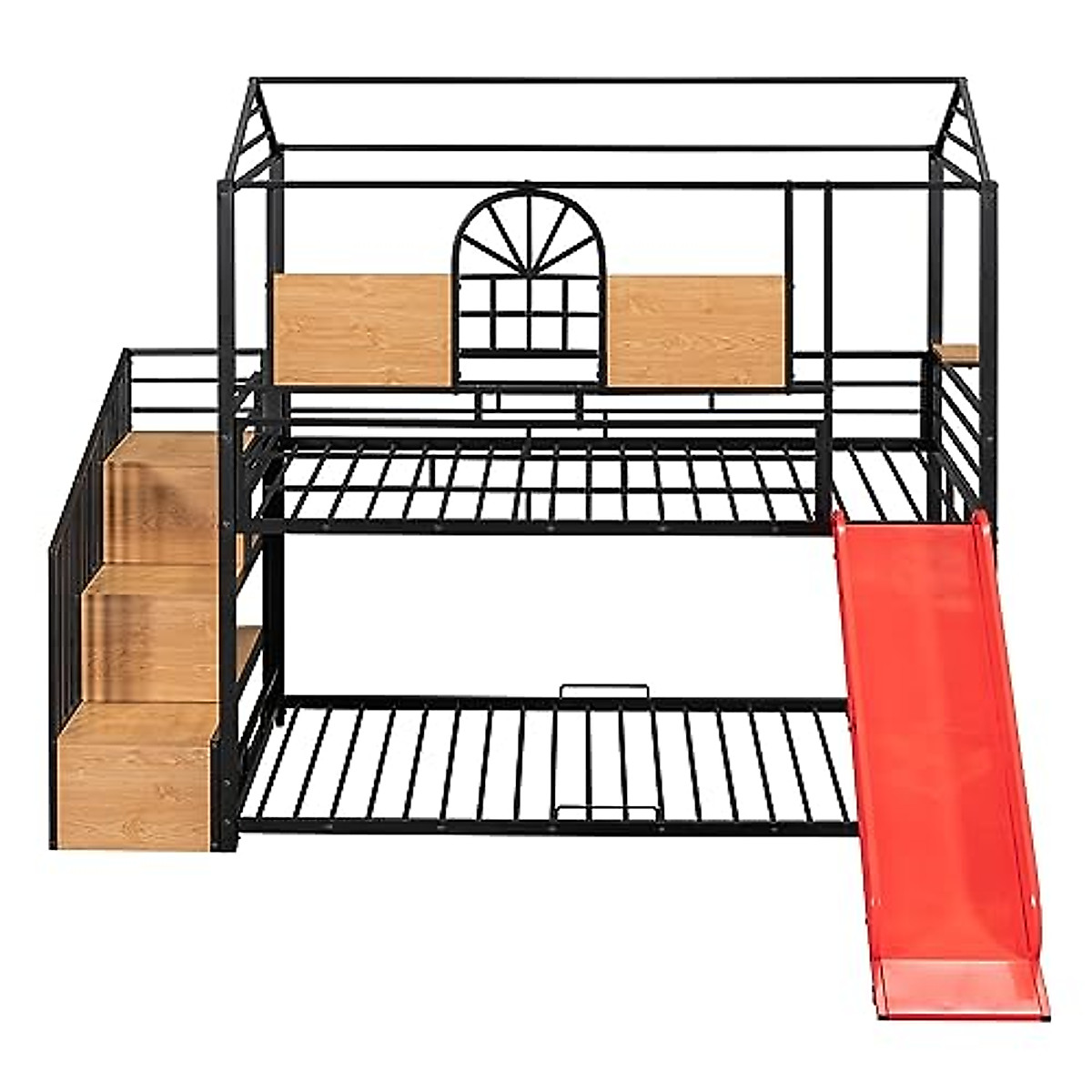 BOVZA House Bunk Bed with Slide and Stairs, Twin Over Twin Metal Bunk Beds Frame with Roof and Storage Staircase for Kids Boys Girls Teens, Black+Red