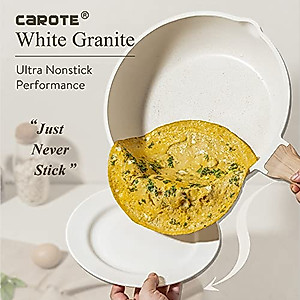 CAROTE Pots and Pans Set Nonstick, White Granite Induction Kitchen Cookware Sets, 10 Pcs Non Stick Cooking Set w/Frying Pans & Saucepans(PFOS, PFOA Free)
