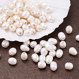 Beadthoven 100pcs 7-10mm Natural Oval Freshwater Pearl Beads 1.8mm Big Large Hole Rice Shape Pearls for Leather Cord Beading Jewelry Making DIY Crafts (White)