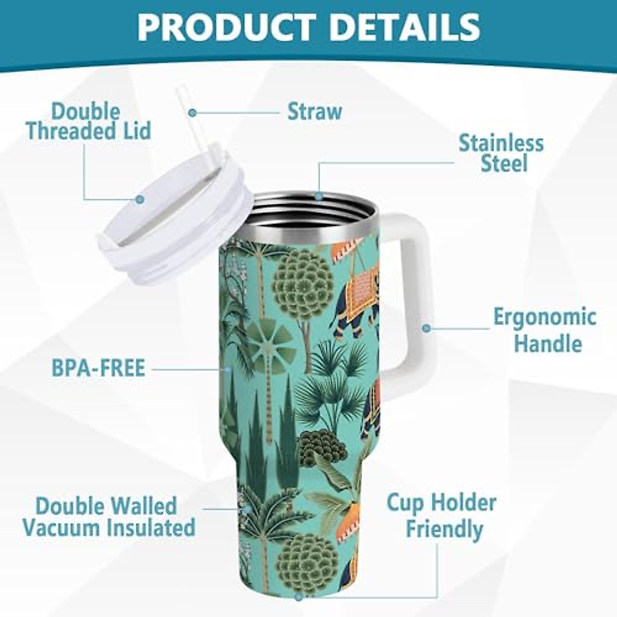 Elephants Peacocks Turquoise 40 oz Tumbler with Lid and Straw Insulated Tumblers with Handle Travel Coffee Mug Cup Large Water Bottles Cup for Men Women Sports Gym