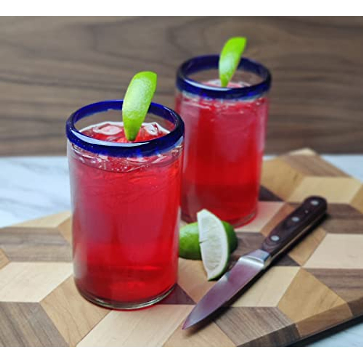 Hand Blown Mexican Drinking Glasses - Set of 6 Glasses with Cobalt Blue Rims (14 oz each)