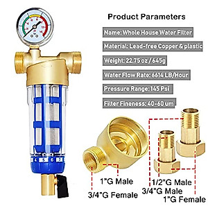 Beduan Reusable Spin Down Sediment Water Filter for Whole House Prefilter System Protector,1"Male Thread,3/4"Male & Female Thread,1/2"Male Thread (50 Micron & Pressure Gauge)