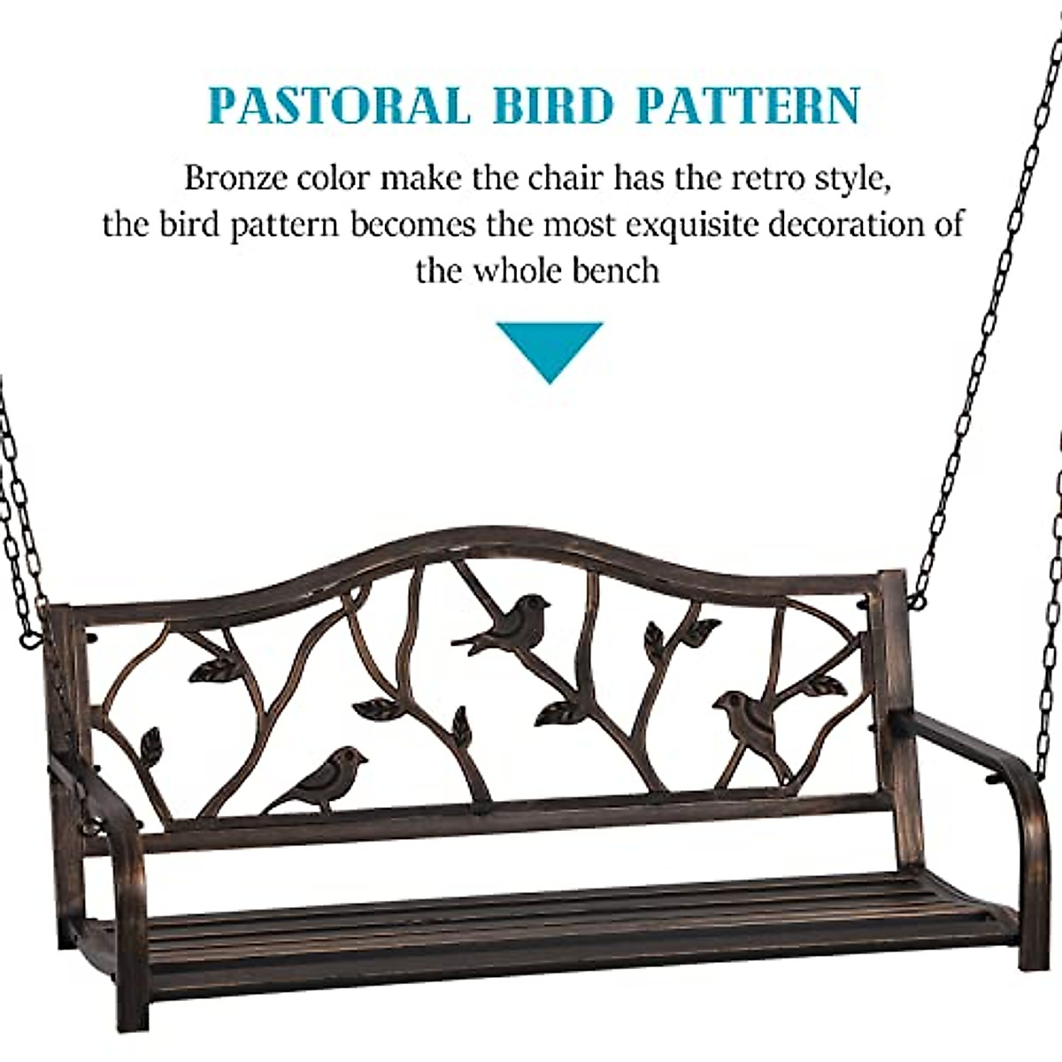 MFSTUDIO 50 Inches Patio Front Porch Swing,Outdoor Iron Metal Swing Chair with Chains,Pastoral Bird Backrest,Steel Hanging Bench Chair for Garden,Yard,Deck-Bronze