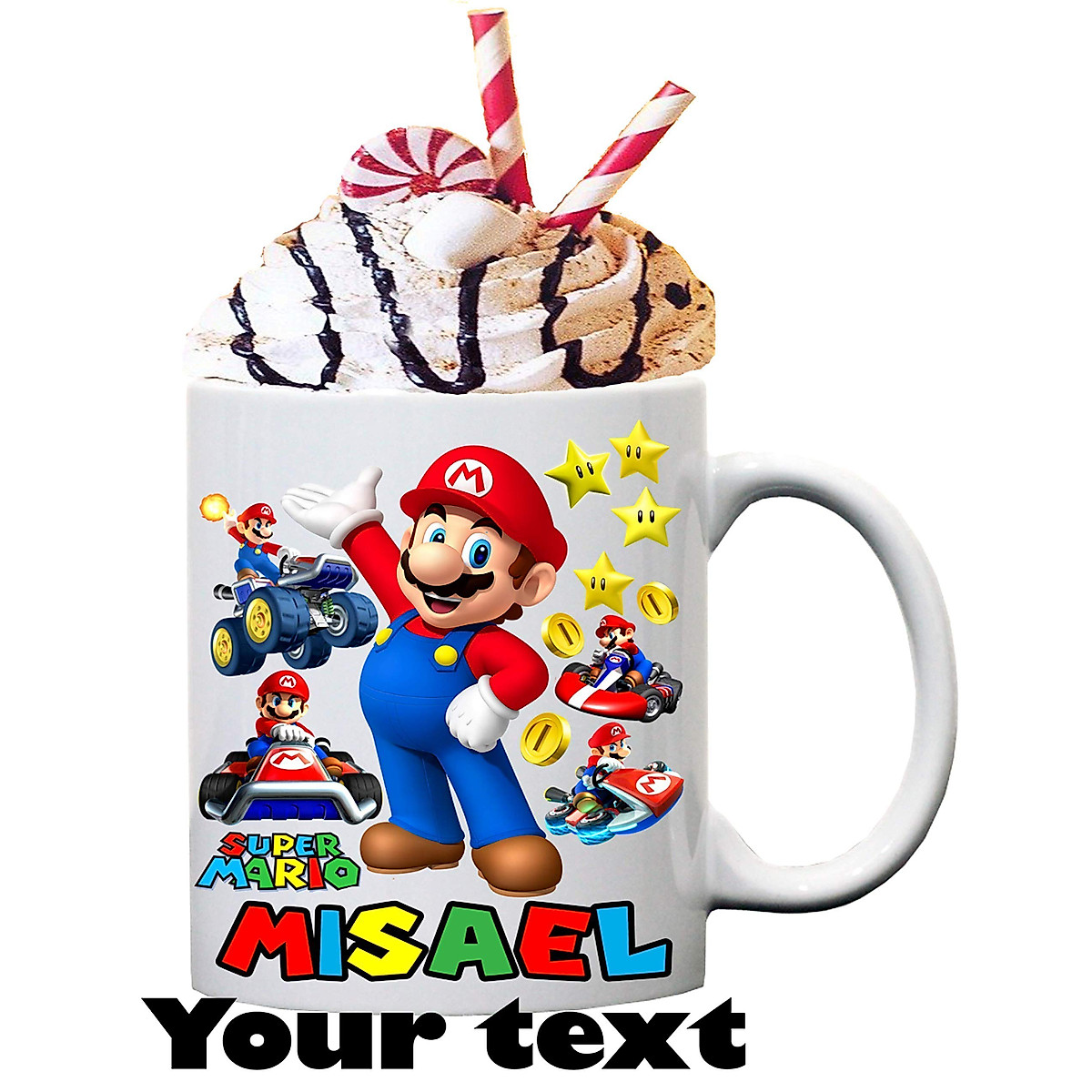 Personalize your Mario Bros chocolate or coffee ceramic mug, Mario gift mugs, gamer mug, put your name or text for front and back, use with left or right hand.Tazas personalizadas.