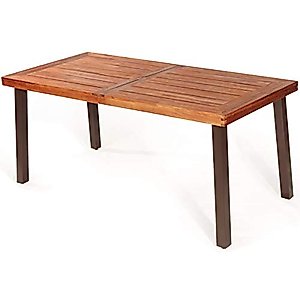 Giantex Patio Dining Table with Umbrella Hole, Outdoor Picnic Table for Backyard, Garden, Lawn, Farmhouse, Acacia Wood Rectangular Table with Metal Legs, Rustic Brown
