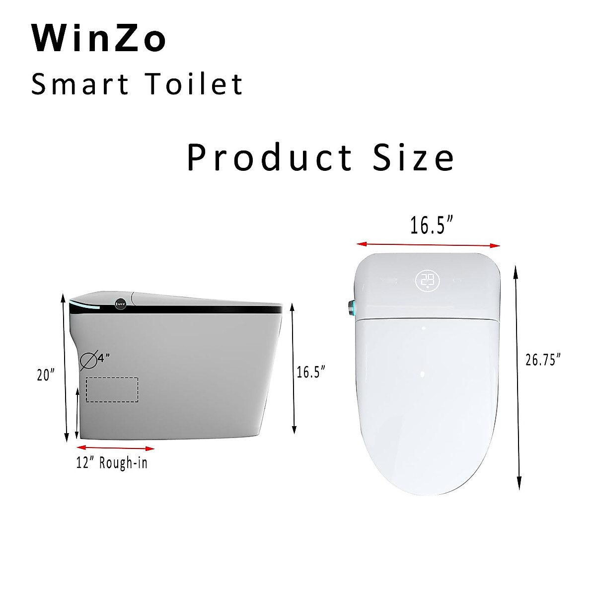 WinZo Luxury Rear Discharge Smart Toilet With Bidet Seat, Auto Flush,Warrm Adjusted Heated Seat, Warm Water and Dryer, Night Light,LED Display,Remote Control, Back Outlet, White