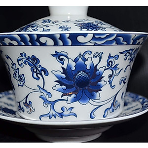 vv8oo Gaiwan 6.8oz/10oz Gongfu Tea Jingdezhen Ceramic Tureen Teacup Sancai Golden Lotus Saucer Set (10oz/300cc)