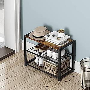 Yusong Shoe Rack, 3 Tier Shoe Organizer Storage for Closet Entryway, Narrow Slim Metal Shoe Shelves with Industrial Wooden Top, Rustic Brown and Black