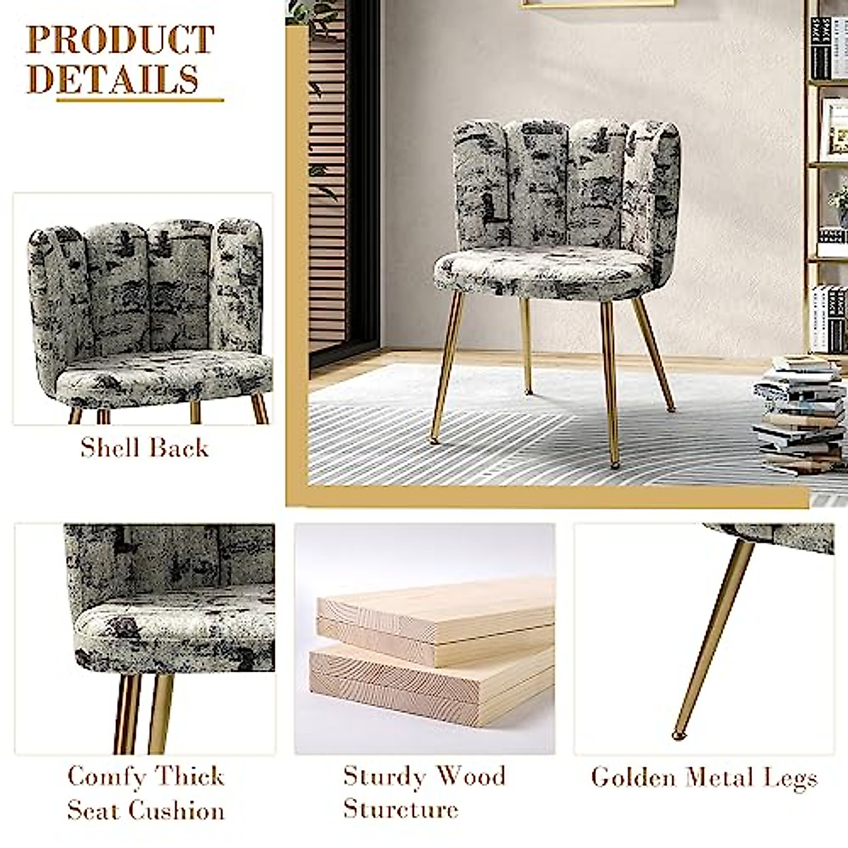 HULALA HOME Modern Dining Chairs Set of 2, Print Living Room Chair with Shell Back and Golden Metal Legs, Comfy Upholstered Cute Accent Chair for Living Room Bedroom Makeup Room Vanity, Grey