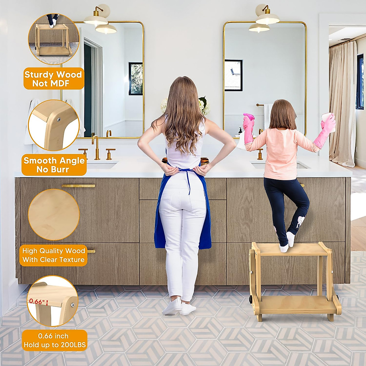 Toddler Step Stool, Wooden Folding Toddler Step Stool, Two Step Kids Step Stool, Transformable Toddler Chair Kitchen Step Stool, Foldable Toddler Step Stool for Bathroom Sink, Small Toddler Step Stool