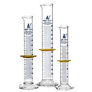 EISCO Premium Graduated Cylinder Set - 50mL, 100mL & 250mL - ASTM, Class A - Protective Collars, Hexagonal Base - Blue Graduations - Borosilicate 3.3 Glass