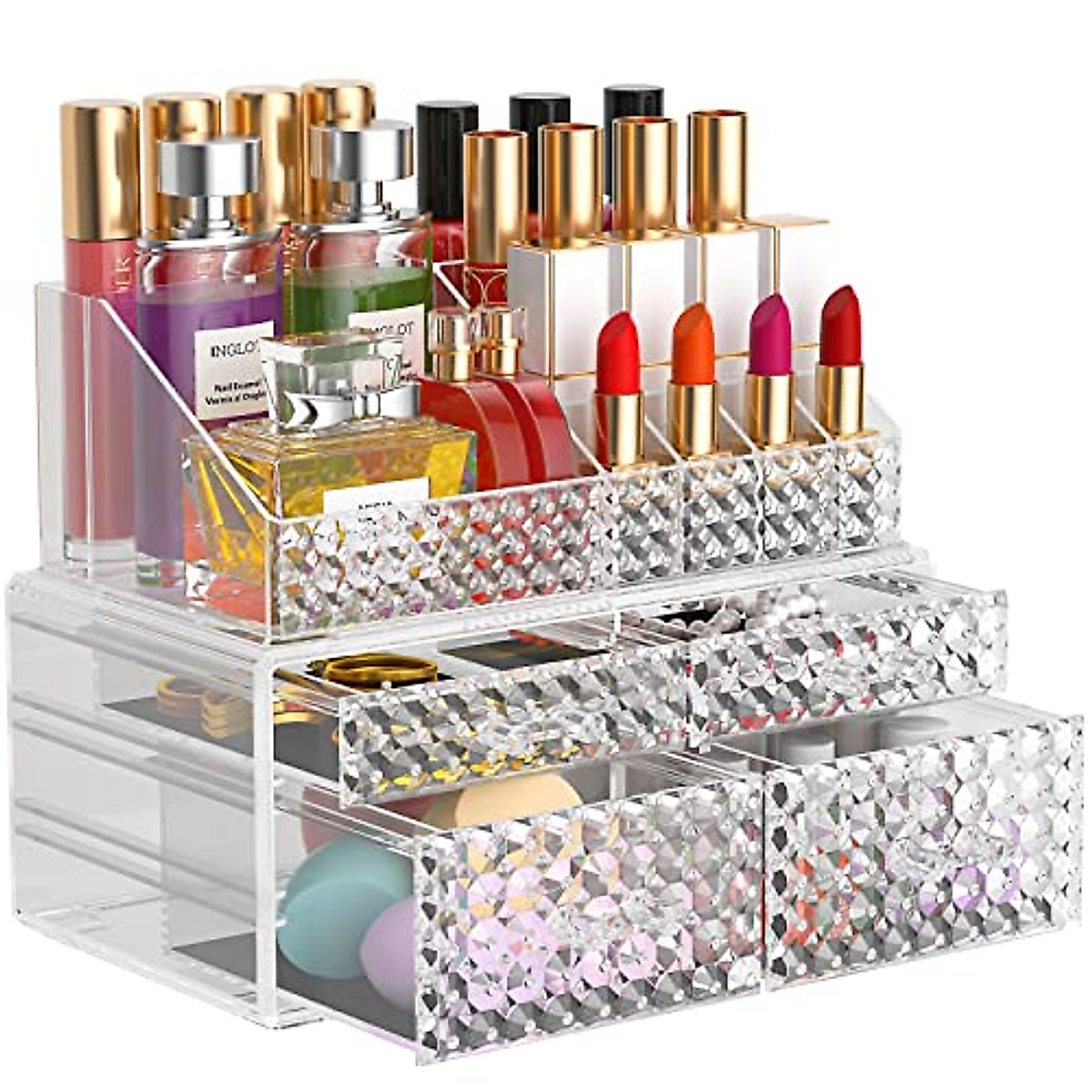 Awenia Makeup Organizer with Drawers[Upgraded]-Acrylic Make up Organizers and Storage Case for Cosmetics,Perfume,Jewelry Display, Vanity and Bathroom Accessories (Clear-4 Drawers)