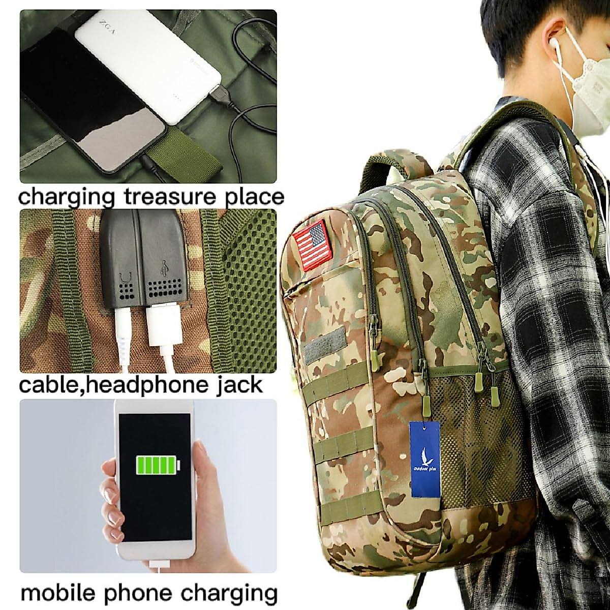 outdoor plus Camo Backpack,Military Boys Backpacks for School,40LArmy Bookbag with USB Charging Port Waterproof
