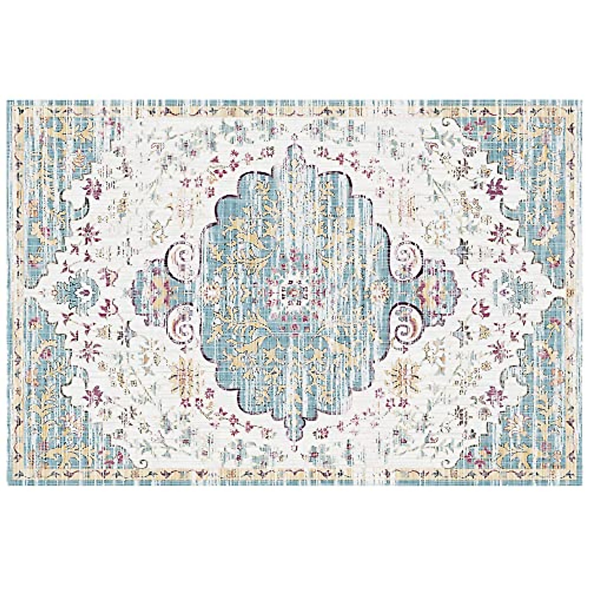 Pajata Light Blue and White Vintage 5X7 Area Rug Bohemian Floral Cover Print Distressed Carpet for Bedroom Living Room Non-Shedding