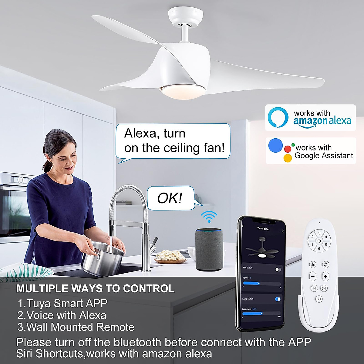 SNJ Smart Ceiling Fans with Lights and Remote, 52" White Ceiling Fan with Light, Modern Ceiling Fans with Remote/APP/Alexa Control, 3 Reversible Blades, Dimmable, Ceiling Fan for Bedroom Dining Room