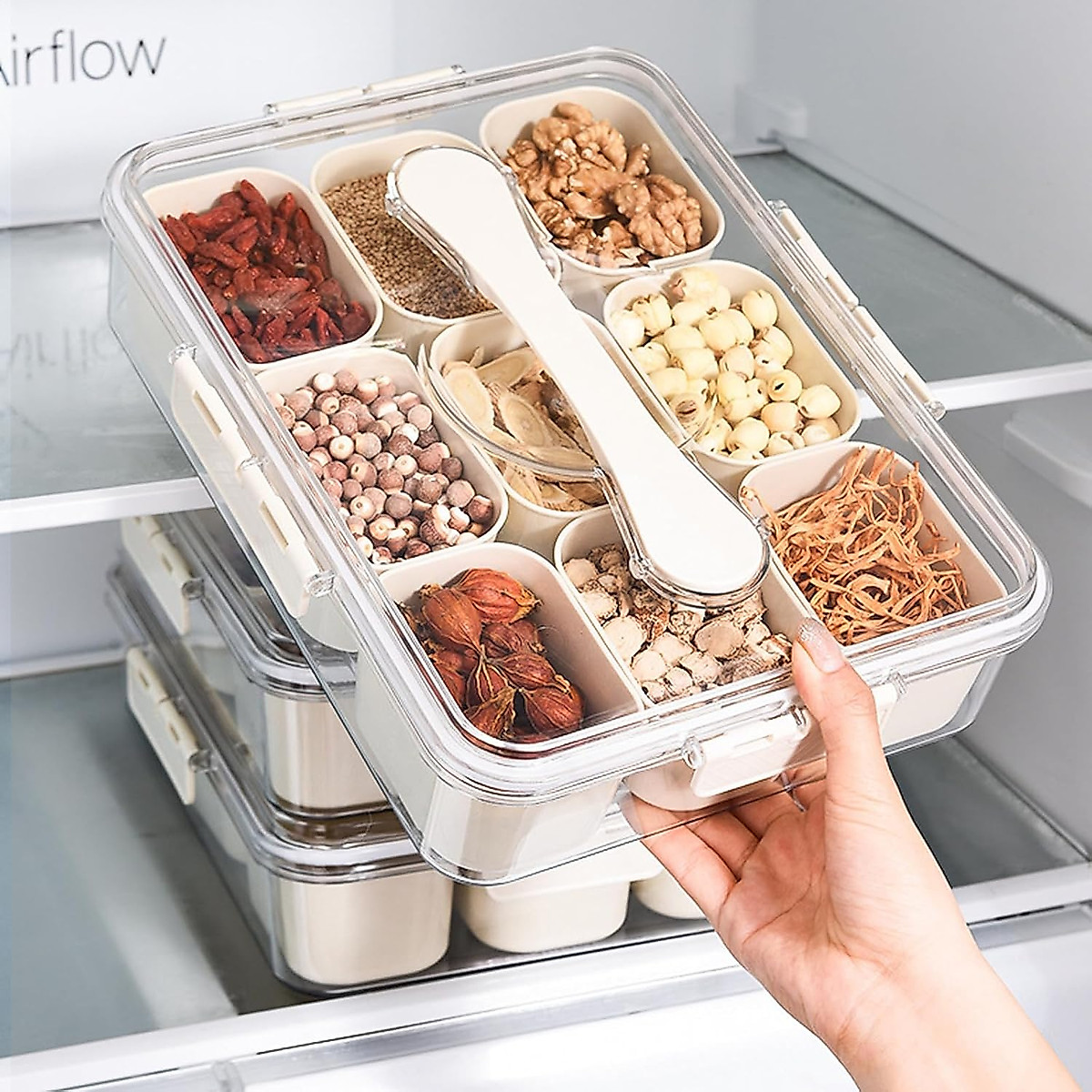 HINIHAO Divided Serving Tray with Lid and Handle, Removable Divided Platter Food Storage Containers with 9 Compartment, Small Boxes for Onion, Ginger, Garlic, Cherry