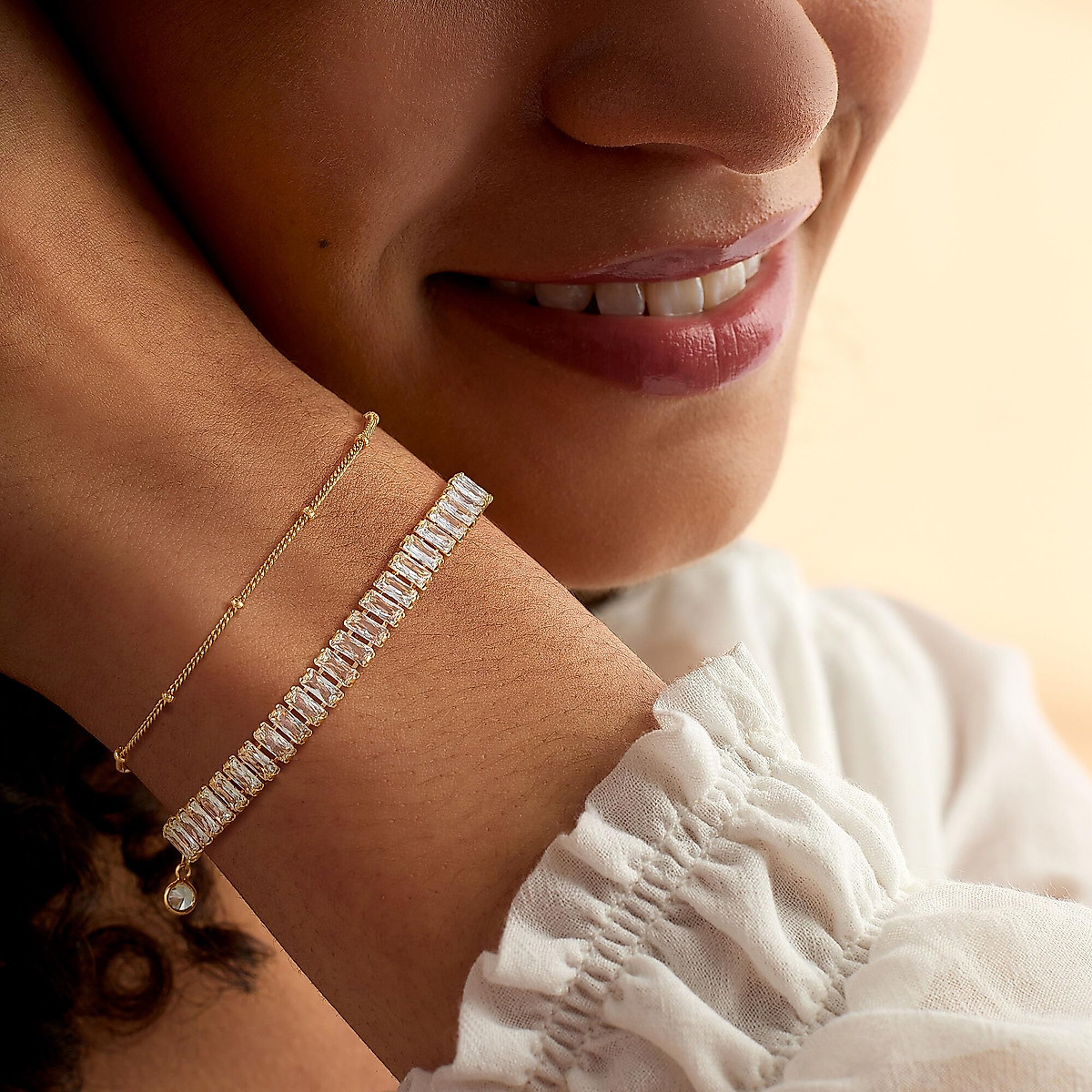 TONTMY STUDIOS Bracelet for Women Gold Layered Set Tennis CZ 2 Layer Bracelets 14K Gold Filled Simple Dainty Satellite Chain Everyday Minimalist Bracelet Jewelry