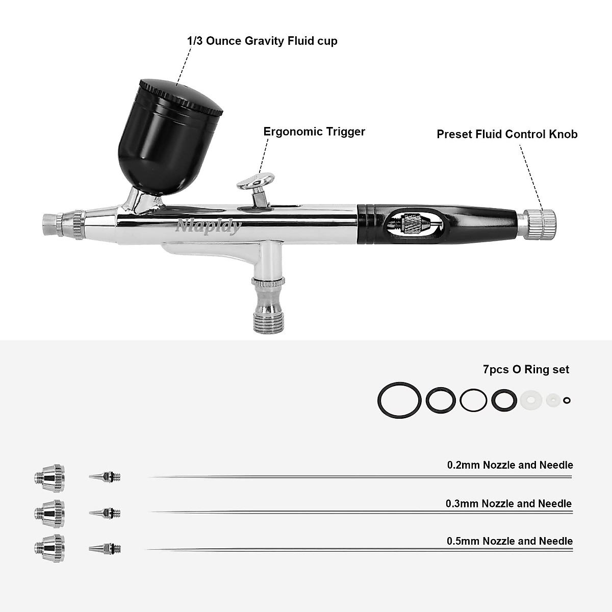 Airbrush Kit, Dual-Action Gravity Airbrush Gun with 0.2mm/0.3mm/0.5mm Needles, 10cc/20cc/40cc Paint Cup, Air Hose and Airbrush Cleaning Kit for Painting Nails Cake Tattoo (Black)