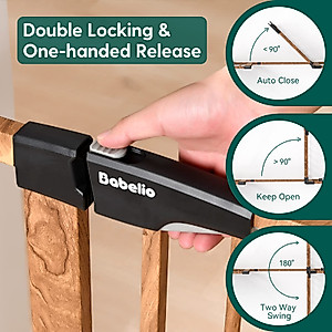 Babelio Metal Baby Gate with Wood Pattern, 26-43" Easy Install Pressure Mounted Dog Gate, No Drilling, No Tools Required, Ideal for Stairs and Doorways, with Wall Protectors and Extenders