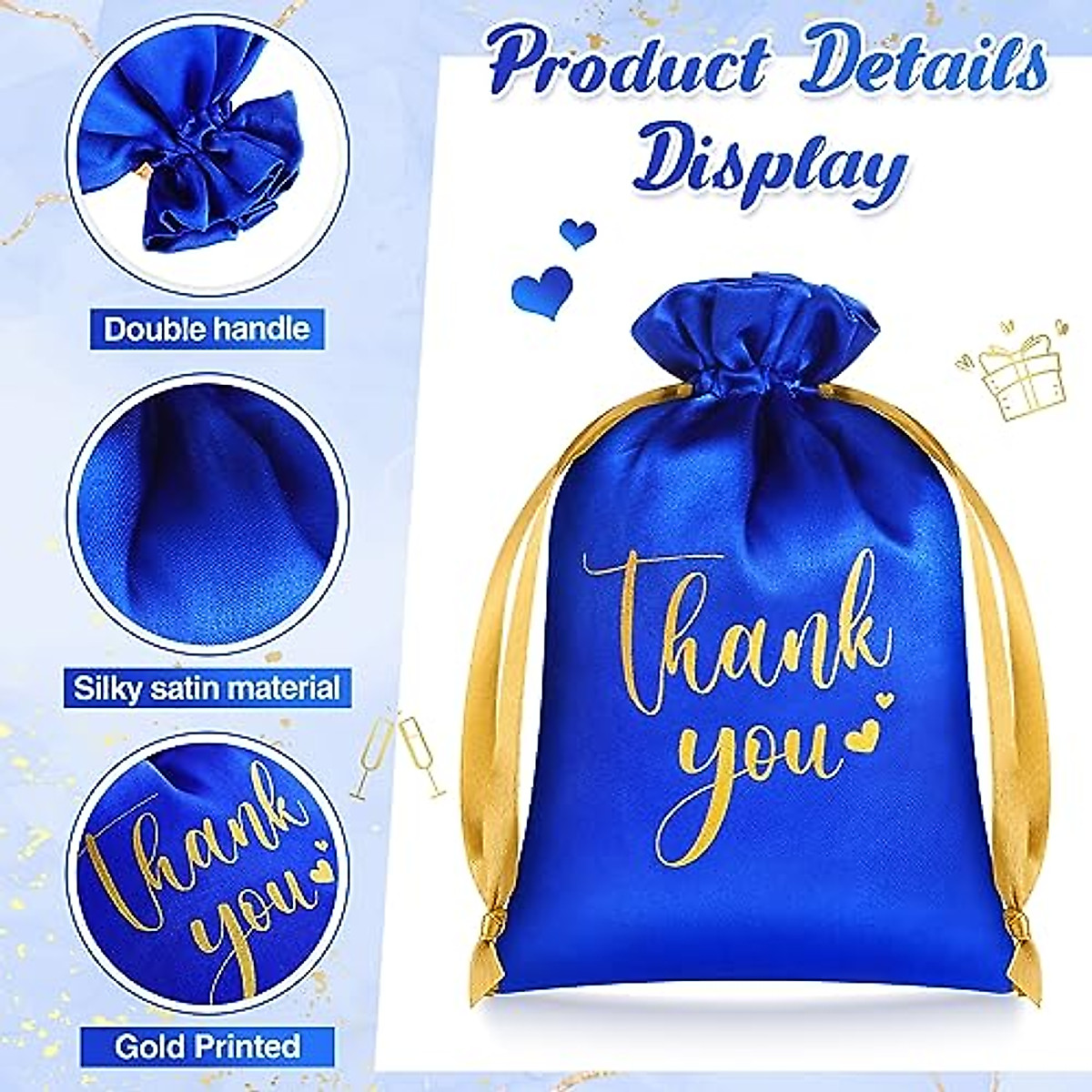 30 Pcs Thank You Satin Gift Bags 5 x 7 Inches Drawstring Jewelry Pouches Small Satin Candy Bags for Guest Wedding Birthday Baby Shower Business Party Favors Bags (Royal Blue)