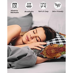 Thanksgiving Pillow Covers Standard Size Set of 2 Bed Pillow, Black White Plaid Turkey Farmhouse Pumpkin Maple Leaf Plush Soft Comfort for Hair/ Skin Cooling Pillowcases with Envelop Closure 20''x26''