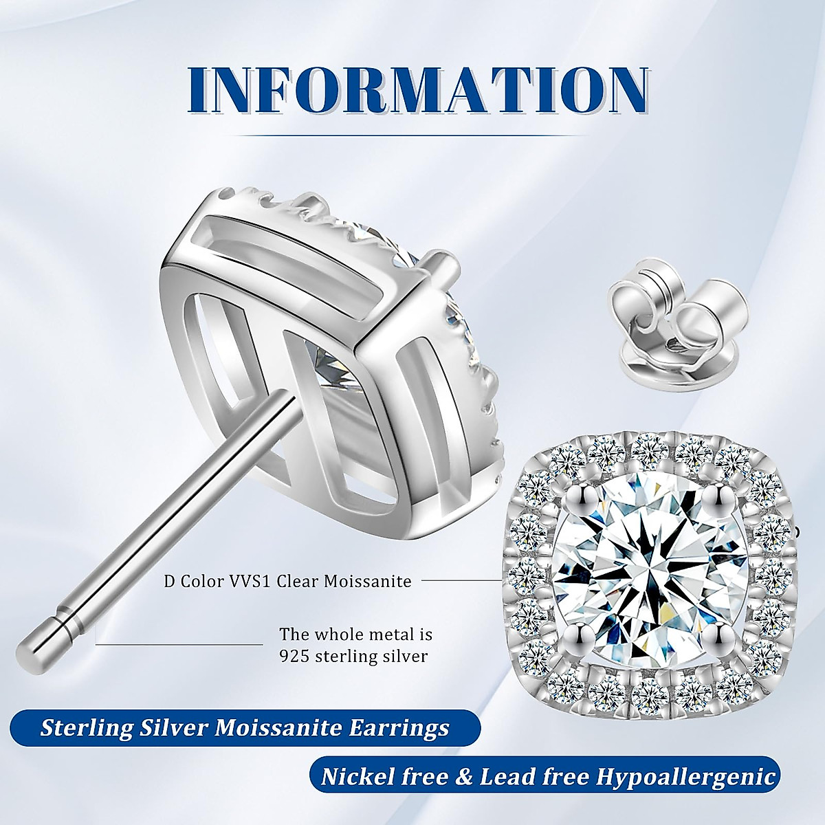 Tunzug Moissanite Halo Earrings Square 0. 5-3 Carat 925 Sterling Silver Plated 18K Gold Plated Friction Flat D Color VVS1 Clear Earrings for Men Women