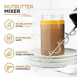 The Nutbutter Mixer, Attachment Fits Most Powered Hand Mixers or Drills, Reaches The Bottom of Most Size Jars, Stainless Steel Peanut Butter Mixer and Almond Butter Stirrer.