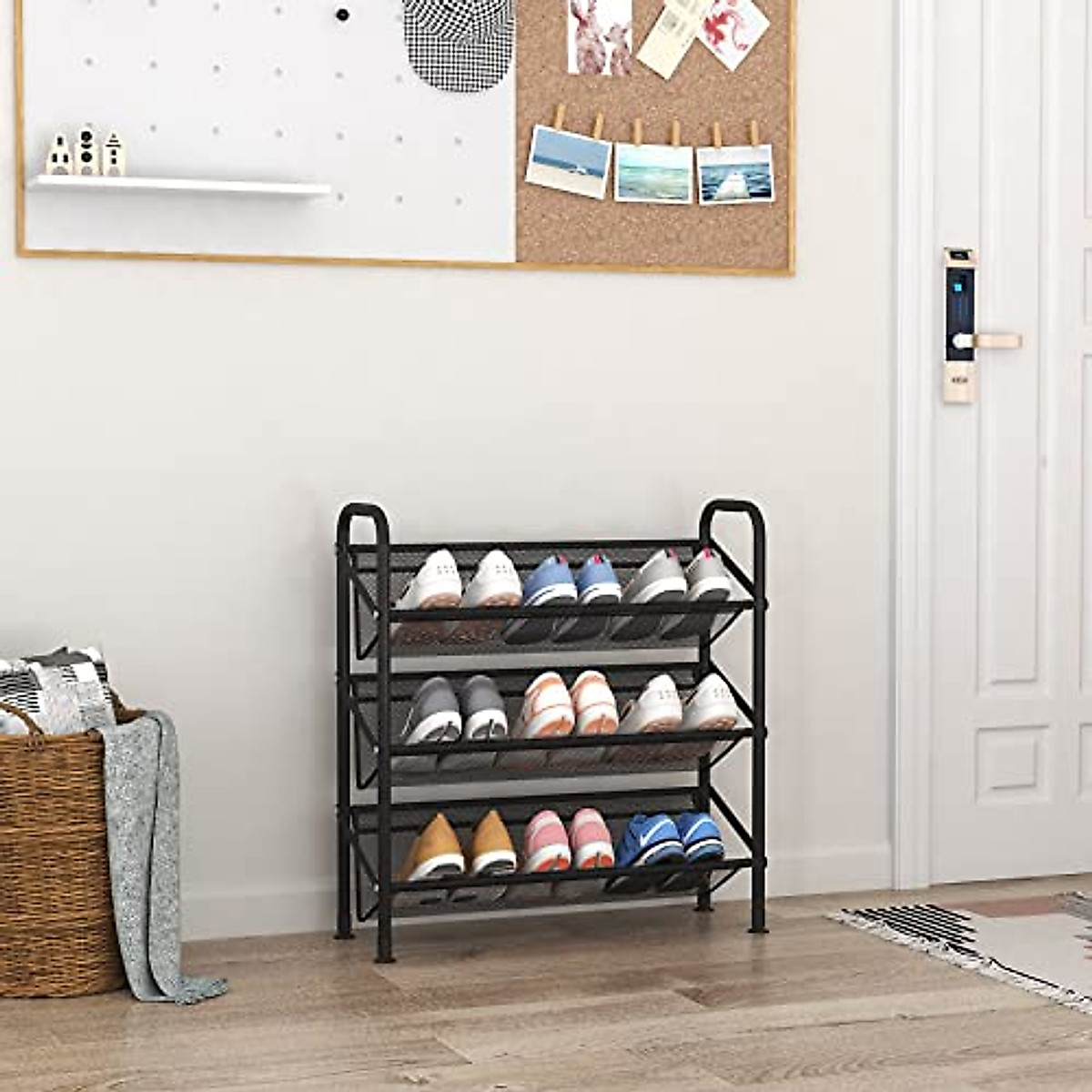 FKUO 3 Tier Shoe rack for closet Mesh fabric narrow Metal shoe racks, Small Shoe Storage Organizer Shelf for Entryway, Hallway, Dorm Room (Black, 3 Tier)