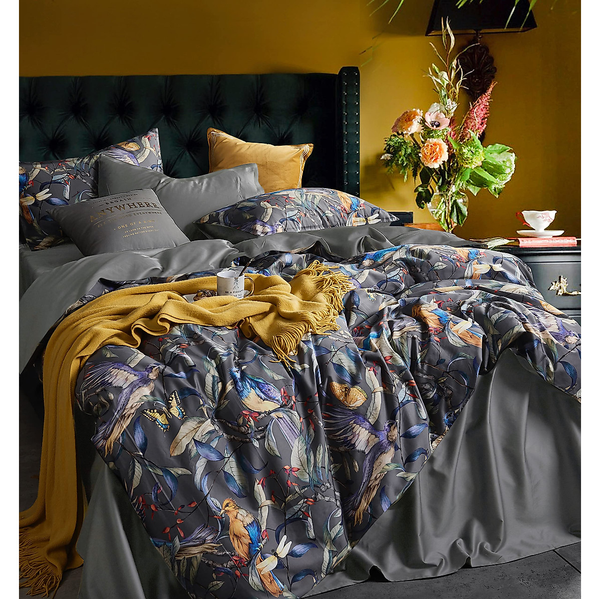 Eikei Home Chinoiserie Chic Peacock Floral Duvet Cover Paradise Garden Botanical Bird and Tree Branches Vintage Stylized Long Staple Cotton Bedding Set (Gray, Queen)