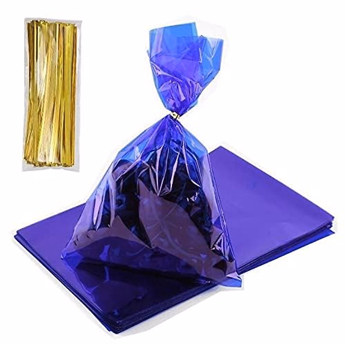 Blue Cellophane Bags 100 pcs Cellophane Wrap Bags with Twist Ties for Bakery Cookies Sweets Snacks Candies Dessert Transparent Color (Blue)